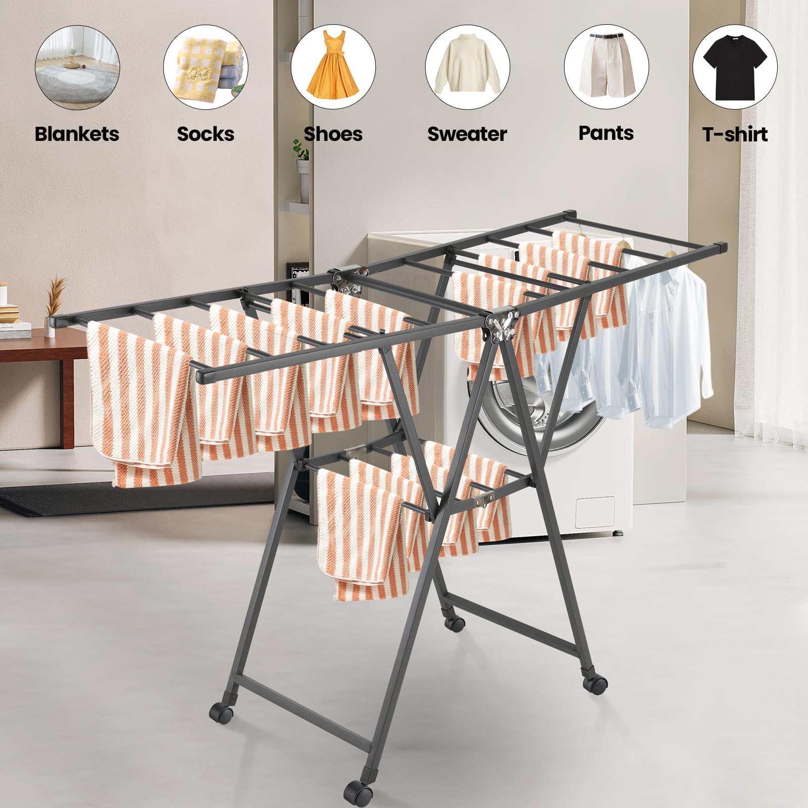 WGCTEK Folding Clothes Drying Rack, 2 Level Portable Collapsible Laundry Hanger Dryer Rack,Outdoor Foldable Drying Rack with Height-Adjustable Wings,with 4 Castors, Grey
