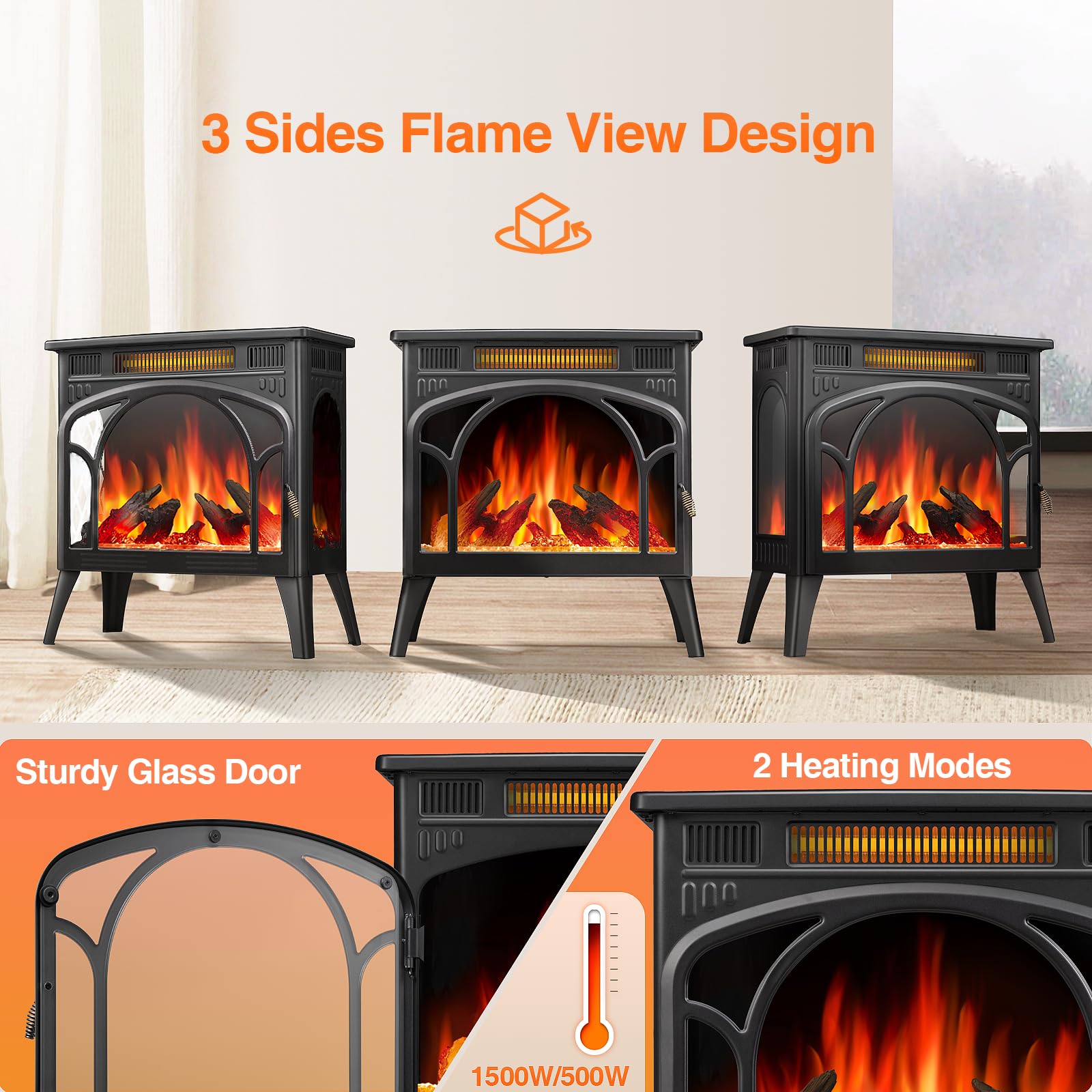 LHRIVER Electric Fireplace Heater w/ Remote,24'' Portable Infrared Fireplace Stove w/ Multiple 3D Flame, Adjustable Temp & Brightness,Timer 5100BTU Freestanding Electric Fireplace Heaters Indoor Use