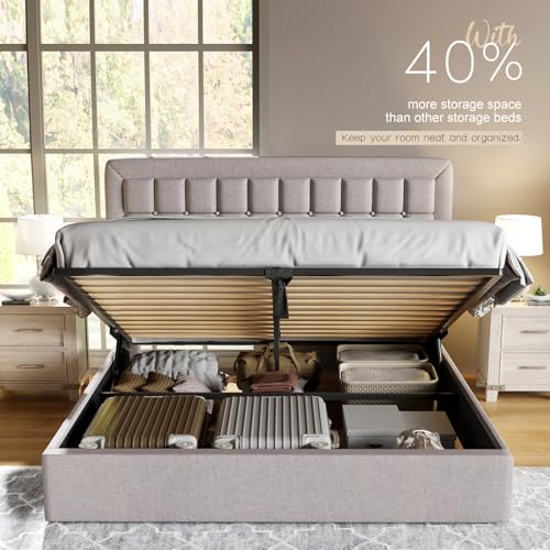 Jocisland Floating Queen Bed Frame with LED Lights, Upholstered Platform Bed with Adjustable Headboard, No Box Spring Needed, Easy Assembly, Light Grey