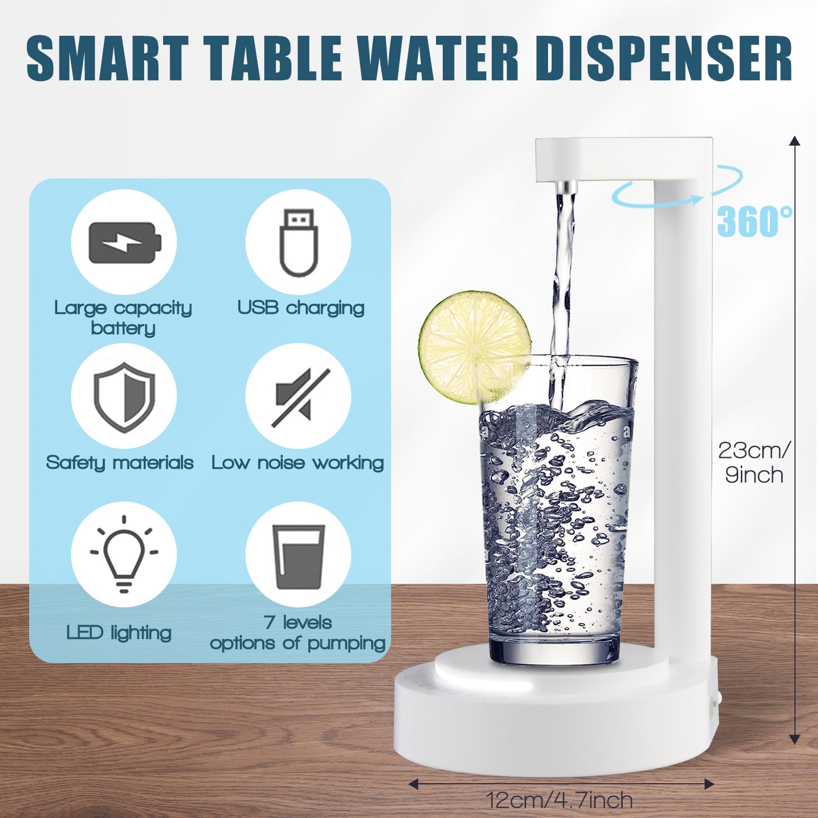 LED Bedside Water Dispenser,Desktop Water Bottle Dispenser,New upgrade LED Light and Touch buttons, Portable 5 Gallon Water Dispenser,with 7 Levels Pumping and Light,Suitable for Home, Office, (white)