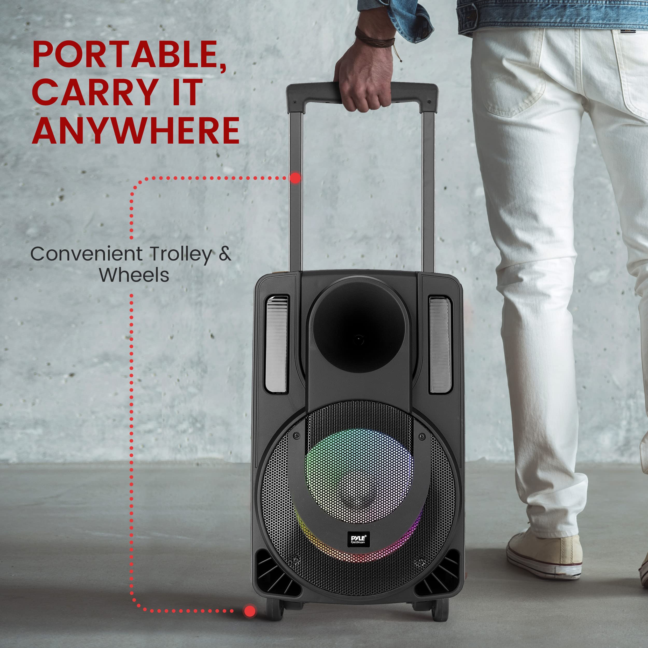 PyleUsa 8ββ Portable PA Speaker System - Wireless BT Streaming PA & Karaoke Party Audio Speaker, Two Wireless Mic, Wired Microphone, Tablet Stand, Flashing Party Lights, MP3/USB//FM Radio - PHPWA8TB
