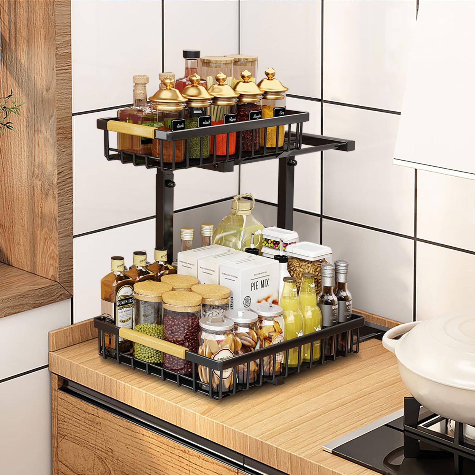 LUWUIDEN Under Sink Organizer and Storage: Adjustable Height 2-Tier Under Sink Bathroom Organizers Multi-Purpose Bathroom Cabinet Pull Out Drawers for Kitchen Cabinets with Hooks