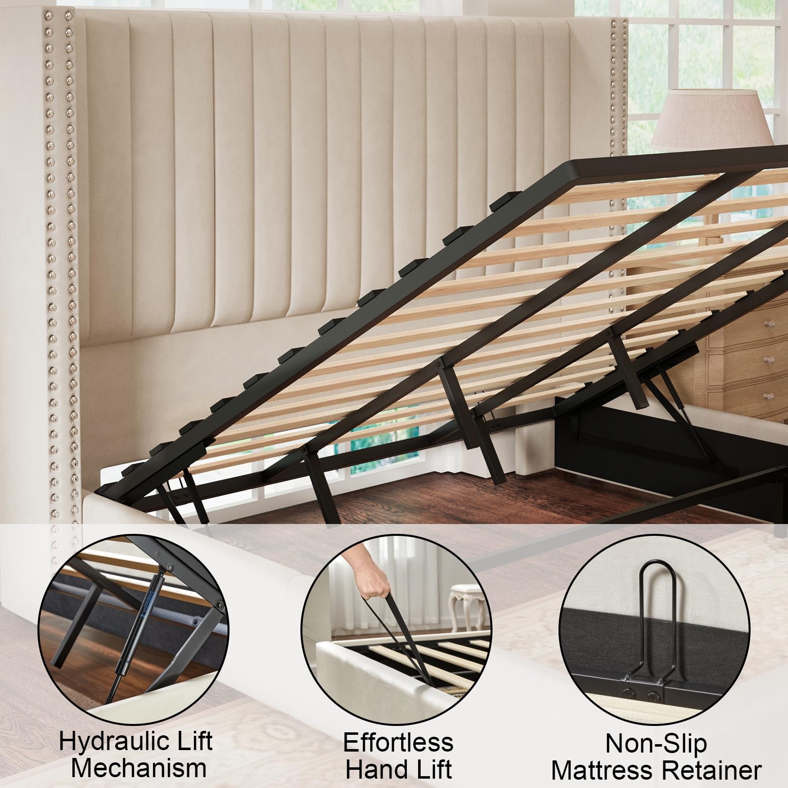 Jocisland Lift up Storage Bed Frame King Size, Upholstered Platform Bed Velvet with Channel Tufted Wingback Headboard, No Box Spring Needed, Cream