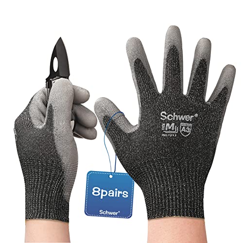 Schwer 8 Pairs Cut Resistant Work Gloves, ANSI A3 Cut Proof Working Gloves with Grip on Palm, for Men & Women, Ideal for General Purpose, Assembly, Auto Repairing (Black, Large)