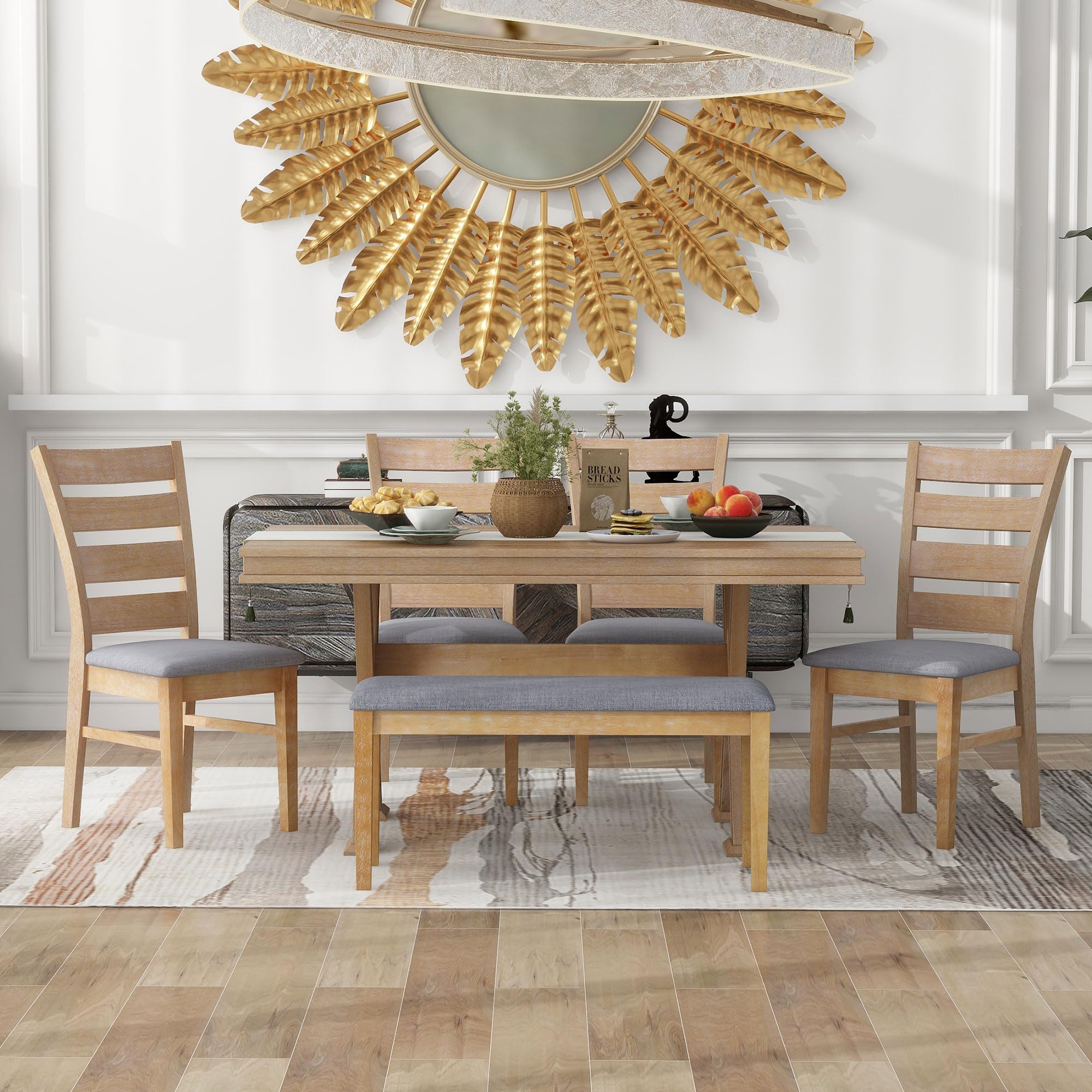 LIADTOP 6-Piece Set, Retro 59" L Rectangular Table with Unique Legs and 4 Upholstered Chairs & 1 Bench, Dining Room and Kitchen,Natural Wood Wash