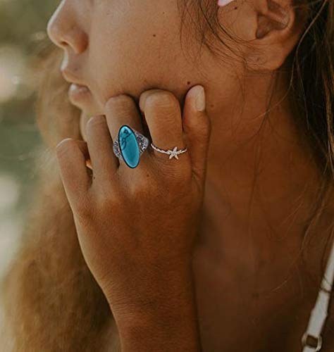 LadayPoa Women's Fashion Created-Turquoise Ring Tibet Silver Plated Gothic Stone Rings