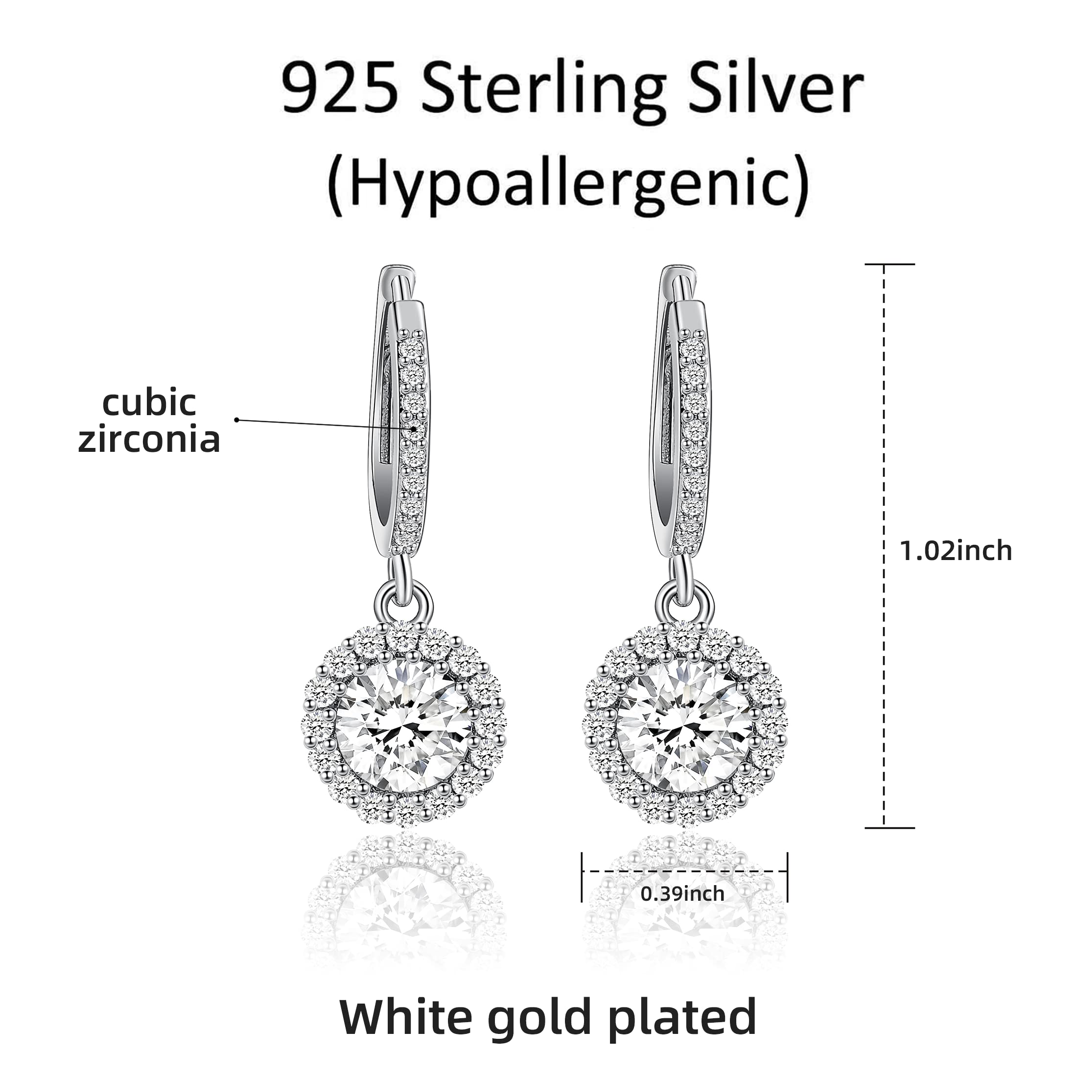 Oeudeufed Cubic Zirconia Hypoallergenic Earrings Women,Girls Rhinestone Cluster White Gold Plated Fashion Dangle Hoops Earring,Trendy Silver Diamonds Shiny Crystal Stud Sensitive Ears Wedding