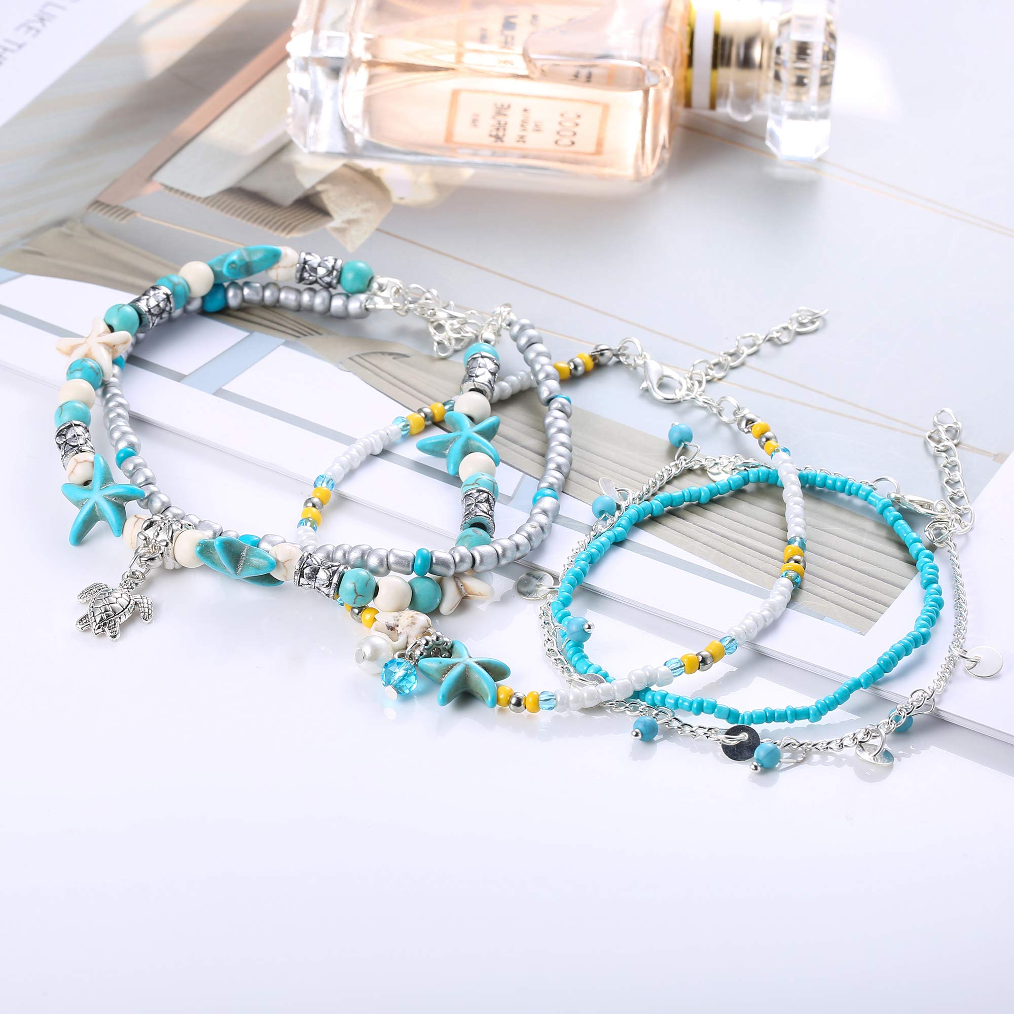 LOYALLOOK 18Pcs Anklet Bracelets for Women Ankle Chain Turtle Wave Anklet Beach Ankle Bracelets Foot Jewelry for Women