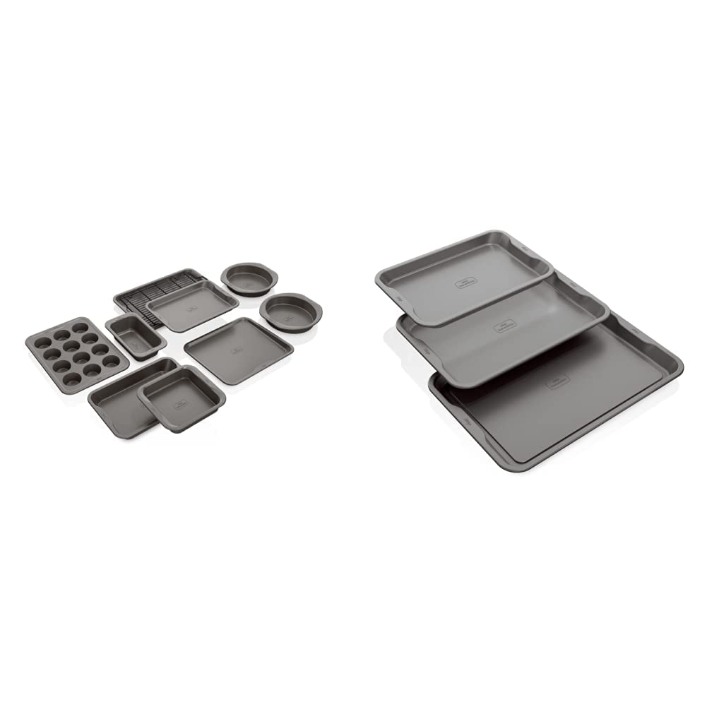 Ninja B39010 Foodi Premium 10-Piece Bakeware Sheet Set, Oven Safe up to 500â°F & Cooling/Roasting Rack, Grey & B33003 Foodi 3-Piece Baking Sheet Set, 10 x 15 inch Sheet & 11 x 17 inch Sheet, Grey