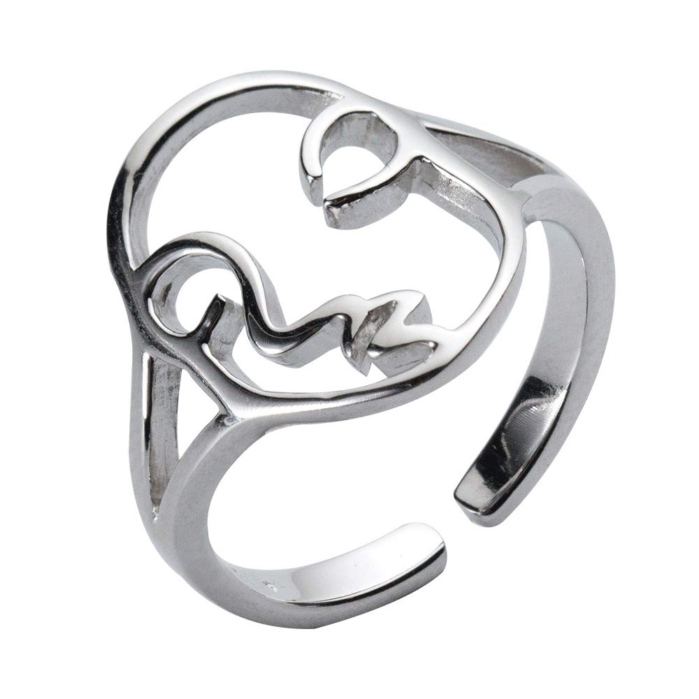 Lovely Human Face Sterling Silver Open Stacking Rings for Women Girls Adjustable Finger Thumb Band Statement Etermity Promise Engagement Ring Birthday Gifts