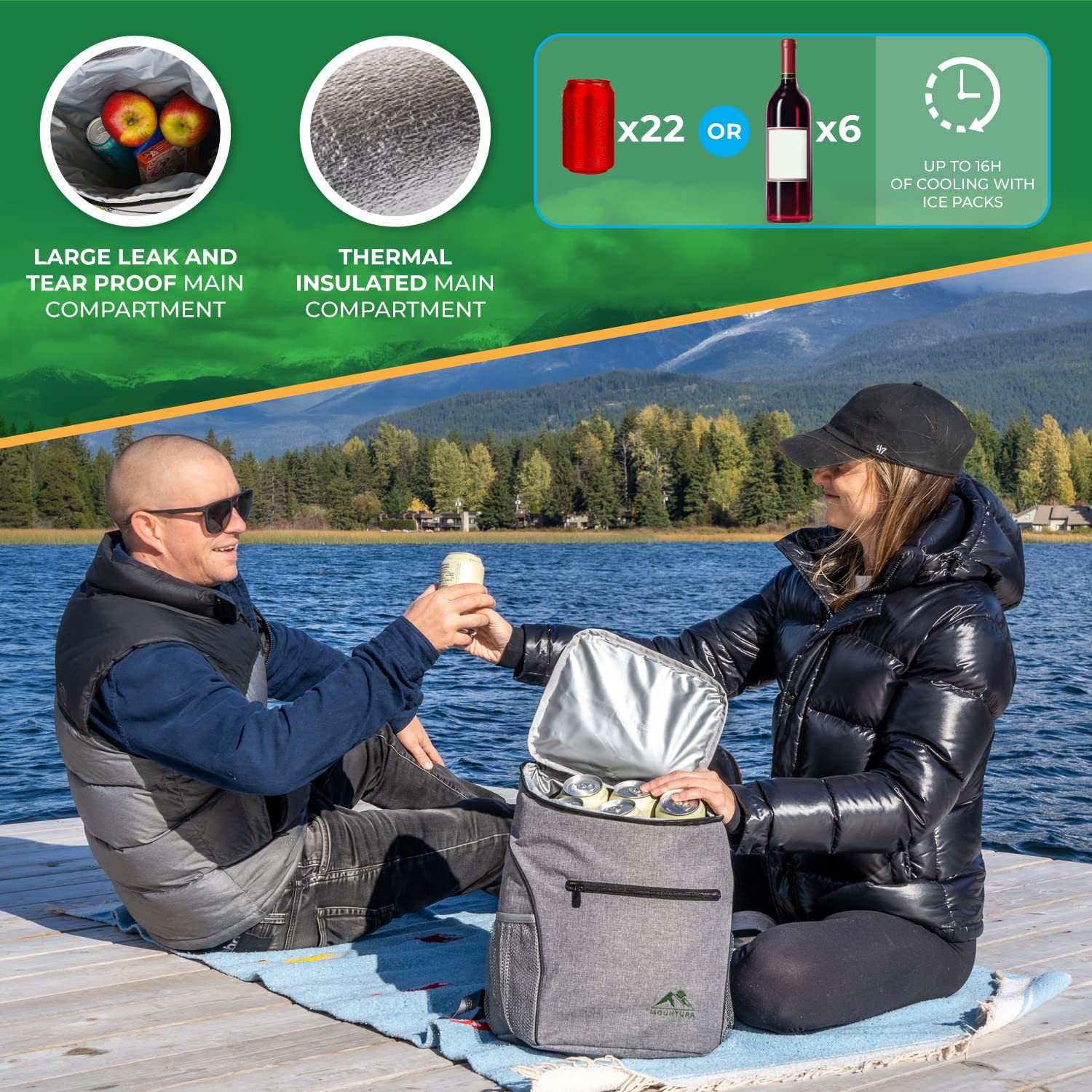Mountura Lightweight Grey Insulated Backpack, Leak-Proof Backpack with Cooler for Hiking, Work, Picnics, Camping, Beach and Day Trips, 22-Can Carry Capacity, Medium