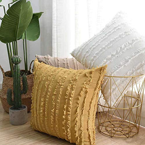 Luxton Set of 2, Mustard Yellow Throw Pillow Covers 18x18, Cotton Linen Decorative Boho Tassels Pillow Cushion Covers for Couch Sofa Bed Home Decor, 18x18 inch 45x45 cm