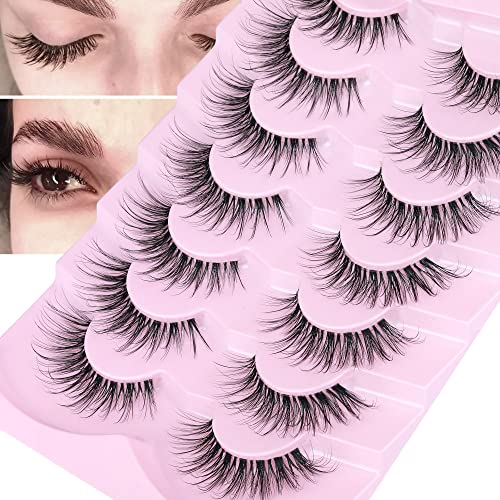 Lashes Natural Look False Eyelashes Wispy Fluffy Lashes Mink Long Curly Fake Eyelashes Cat Eye Lashes with Clear Band 7 Pairs Pack by GVEFETIEE