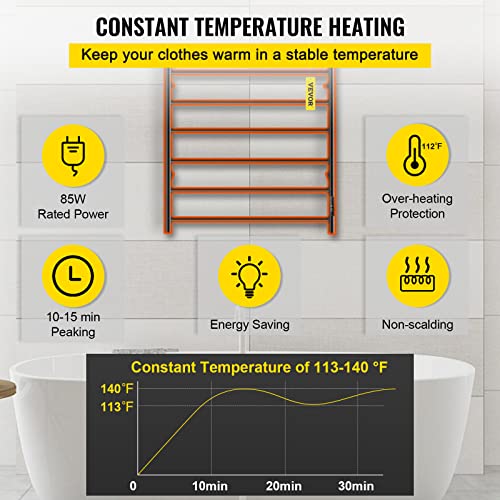 VEVOR Heated Towel Rack, 6-Bar Towel Warmer Rack, Wall Mounted Electric Towel Warmer, Electric Towel Drying Rack with Timer, Matte Black Stainless Steel Heated Towel Warmer for Bath, Plug-in/Hardwired