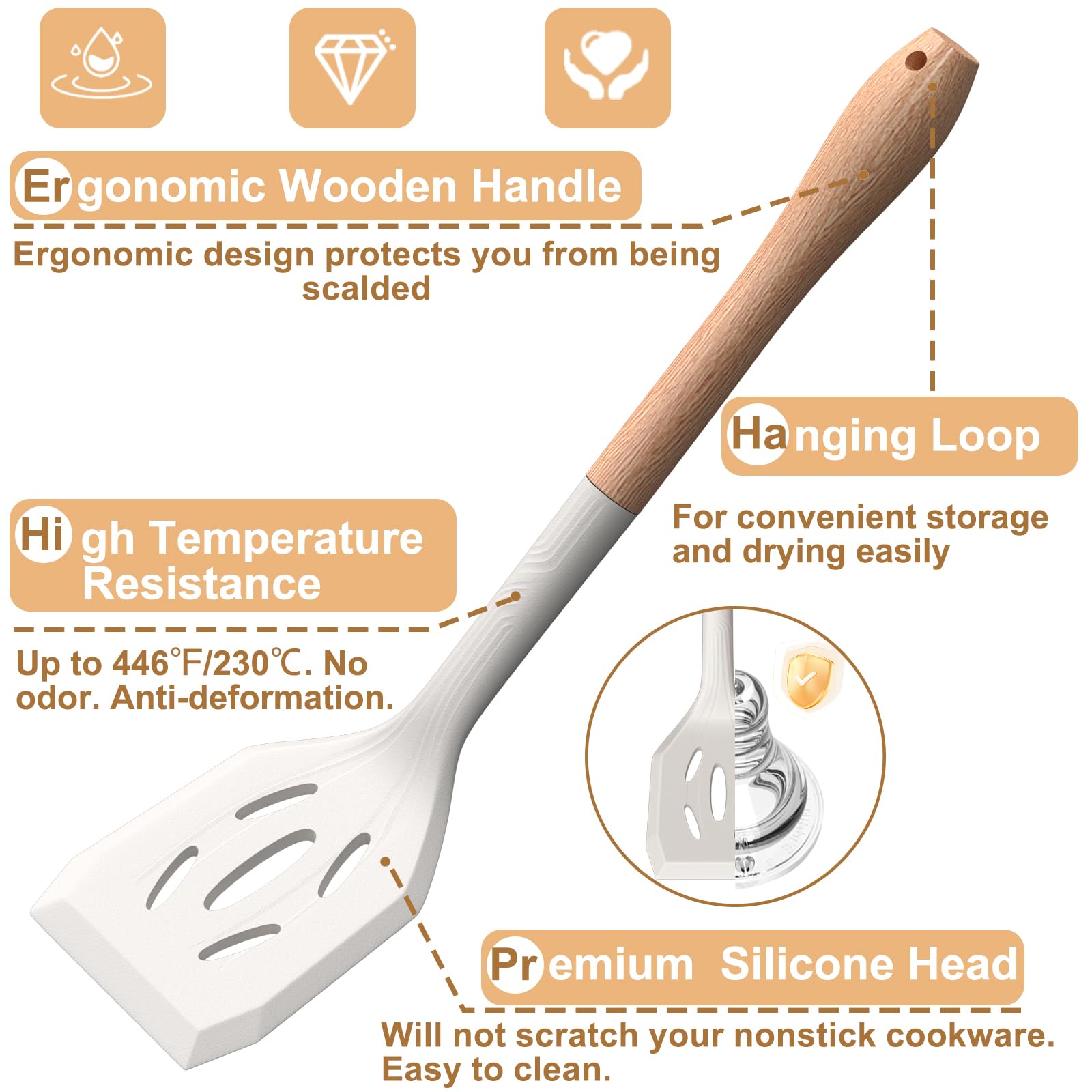 Kitchen Utensils Set- 13 Pcs Cooking Utensils with Tongs, Spoon Spatula &Turner Made of Heat Resistant Food Grade Silicone and Wooden Handles Kitchen Gadgets Tools Set for Nonstick Cookware (White)