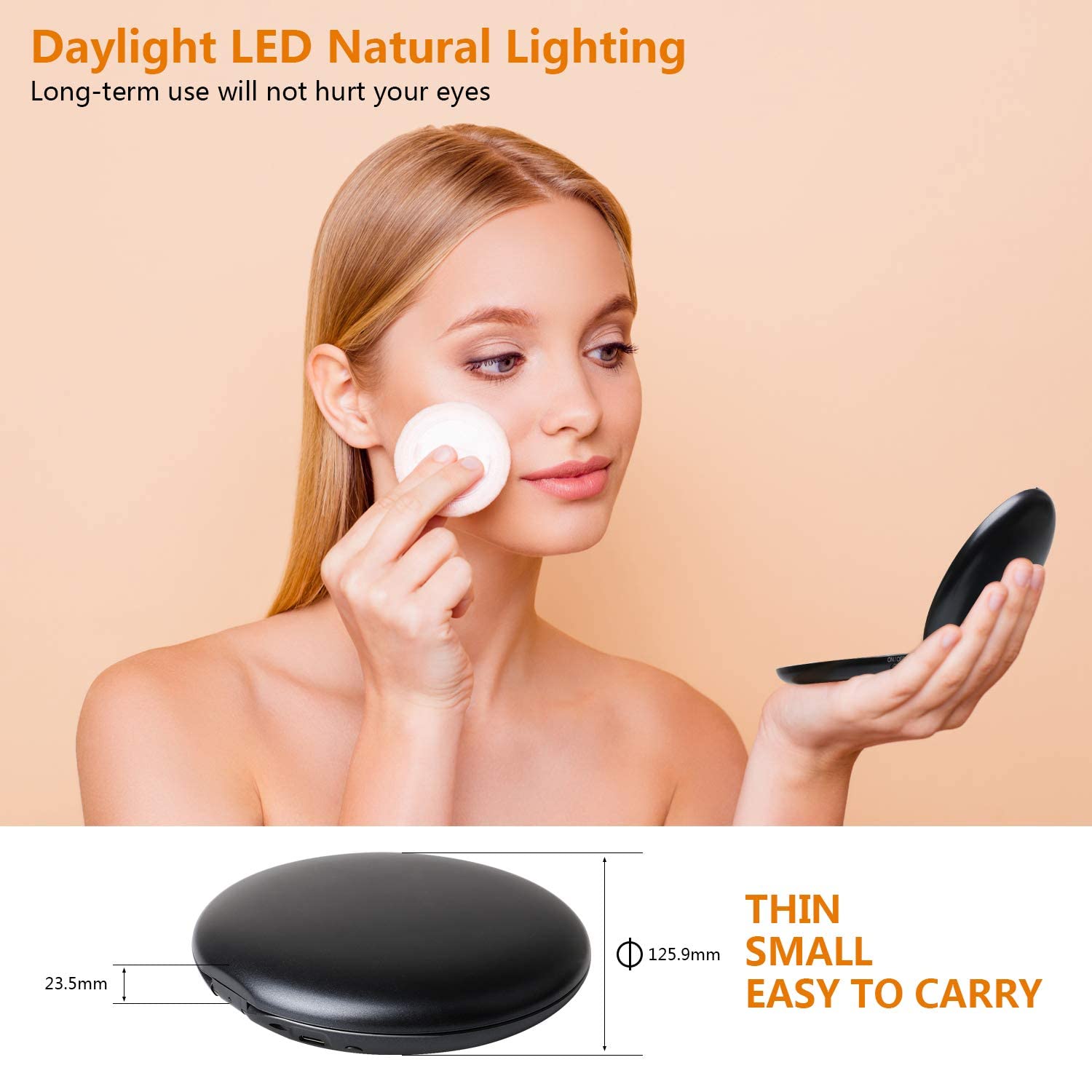 LED Lighted Travel Makeup Mirror Foldable, Dual Sided Vanity Mirror with Lights Portable Compact Illuminated Folding Tabletop Cosmetic Mirror, 1x/5x Large 4.9β Handheld Magnification Pocket Mirrors