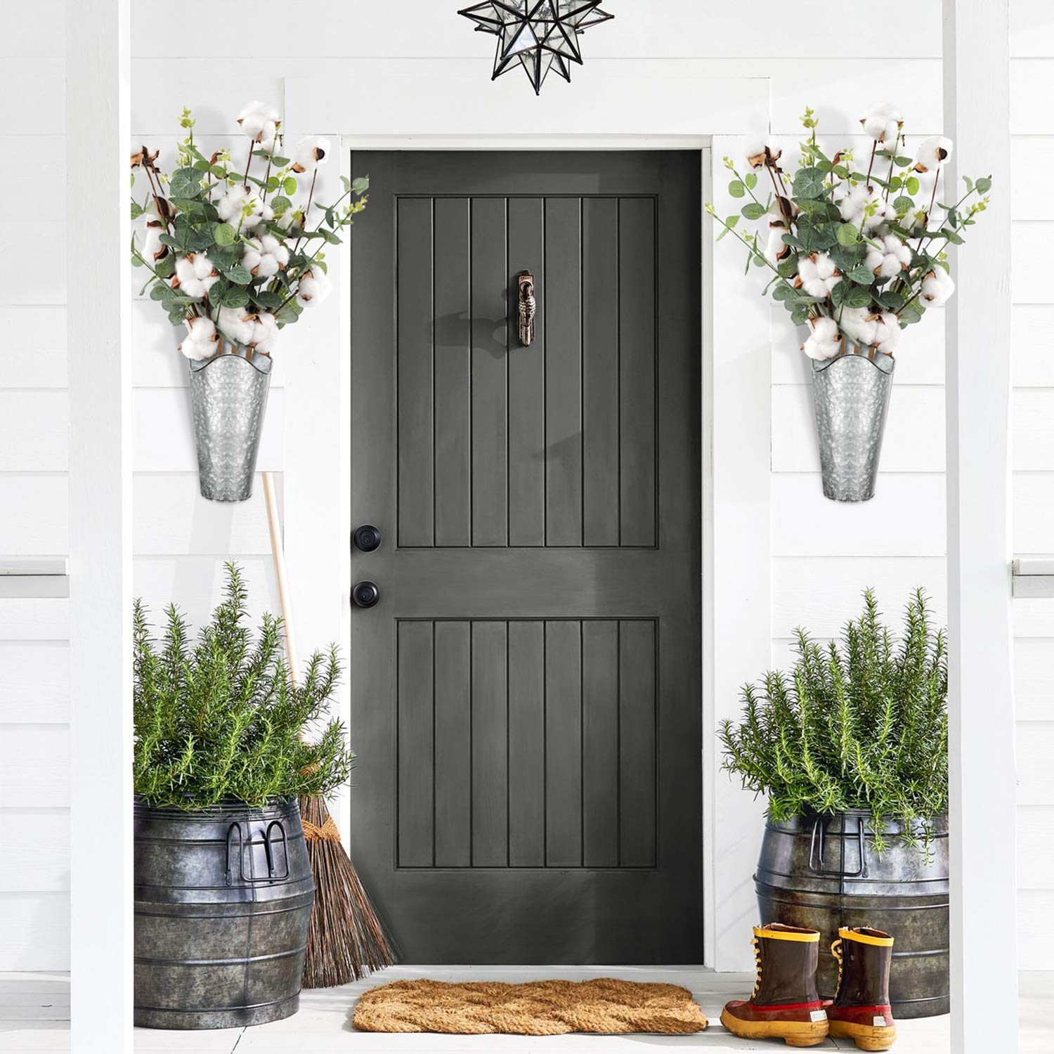 LIBWYS Galvanized Wall Planter 2 Sets and 8 Cottons Stems with Eucalyptus Metal Hanging Vase for Farmhouse Rustic Style Country Home Wall Decor