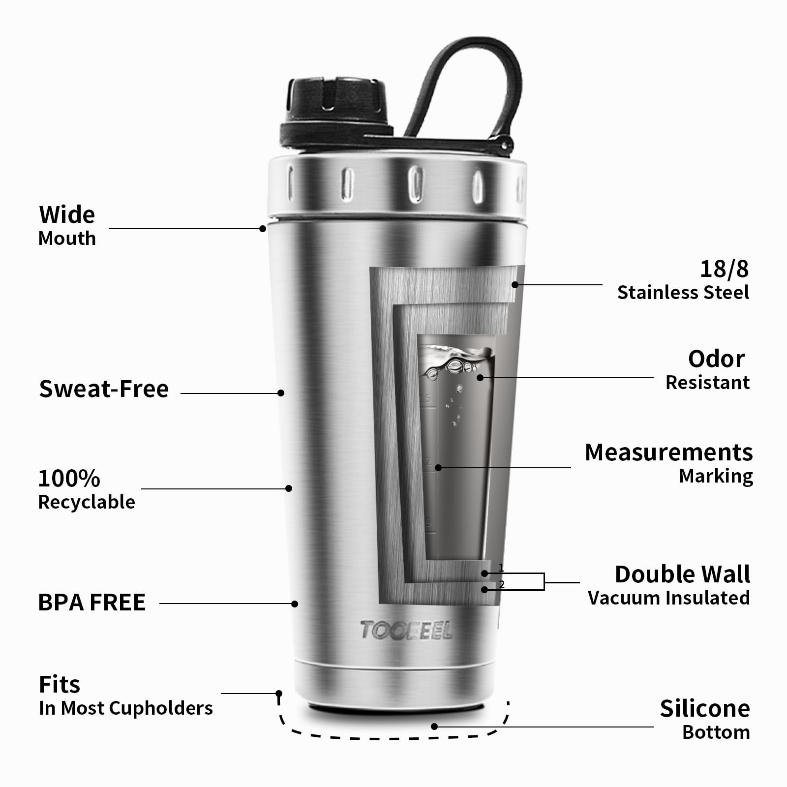 TOOFEEL Protein Shaker Bottle 20 oz - Double Walled Insulated Vacuum Shaker Cups for Protein Shakes, Keeps Cold/Hot, Metal Stainless Steel Shaker Bottle, Preworkout Gym Shaker Bottle