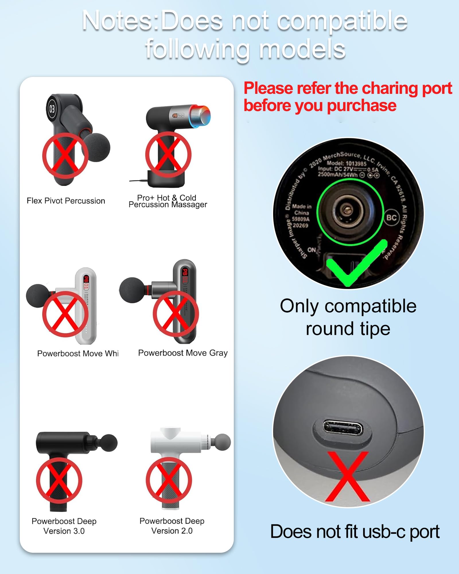 VHBW 27V Massage Gun Charger for Sharper Image Powerboost 1011666 1013002 1012667 1014747 1014392 1013983 1013985Deep Tissue Cordless Massager Gun Power Cord 6FT (Not for 18V Massage Gun)