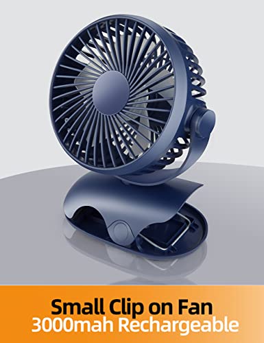 Viniper Rechargeable Clip Fan, Battery Operated Fan : 4 Speeds Strong Wind & 360° Rotation, Sturdy Clamp, Portable Clip on Fan, Quiet and Powerful for Home Office Travel Camping (Blue)