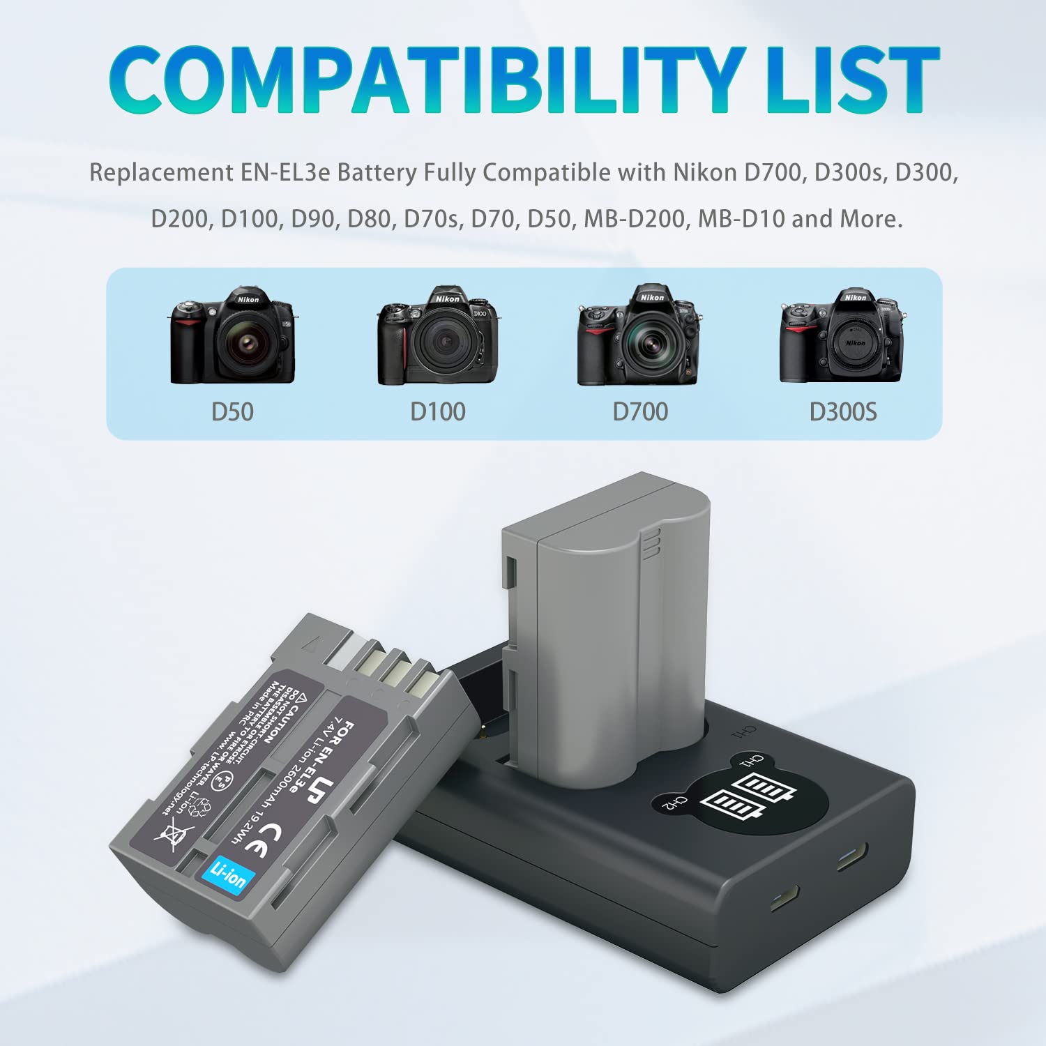 LP EN-EL3e Battery 2-Pack Dual USB Charger with Display for Nikon EN EL3e, EL3, EL3a, MH-18, MH-18a, MH-19, Compatible with Nikon D700, D300s, D300, D200, D100, D90, D80, D70s, D70, D50 & More