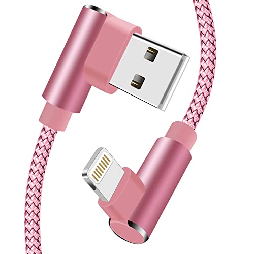 Lieyichan MFI Certified 90 Degree iPhone Charger 10 FT Lightning Cable 3 Pack Right Angled Brided iPhone Charging & Syncing Cord for iPad/iPhone12/11/XR/XS/Max/X/8/7/6(Pink,10ft)