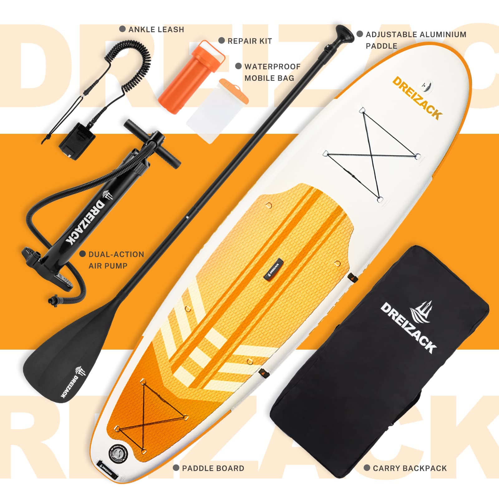 Paddle Board 10'6"x32"x6", Dreizack Paddle Boards for Adults Extra Wide Stand up Paddle Board with SUP Accessories Inflatable Paddle Board for Fishing Yoga Kayaking Surf (Orange)