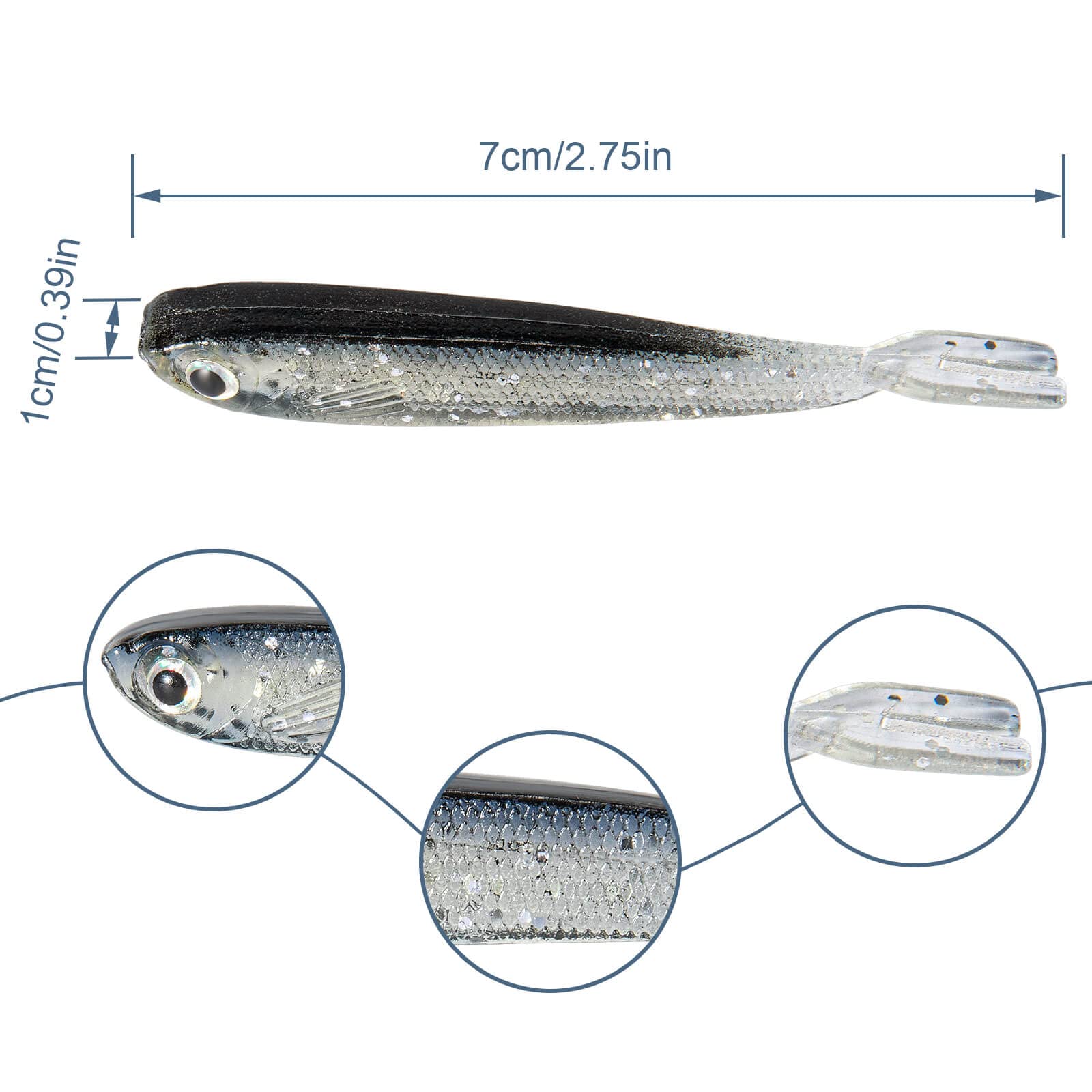 Sconqaek 50 PCS Plastic Soft Fishing Lure, Lifelike Forked Tail Minnow, Fishing Baits Tackle for Saltwater and Freshwater