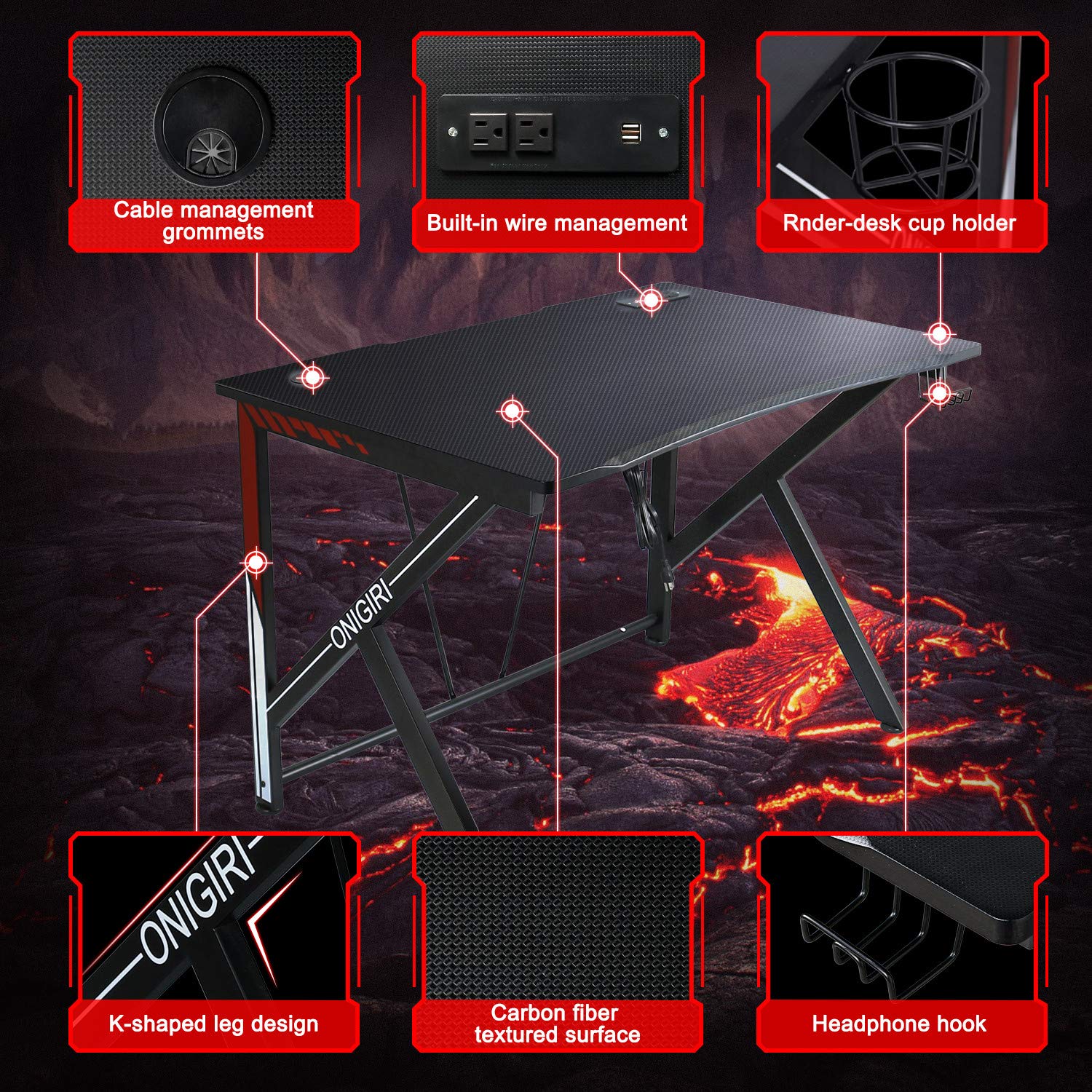 LYNSLIM Gaming Desk Computer Table 45.66" Large E-Sports Home Computer Desk with Multi-Function Socket Large Carbon Fiber Surface,Heavy Duty Construction for Home or Office Workstation Game Table