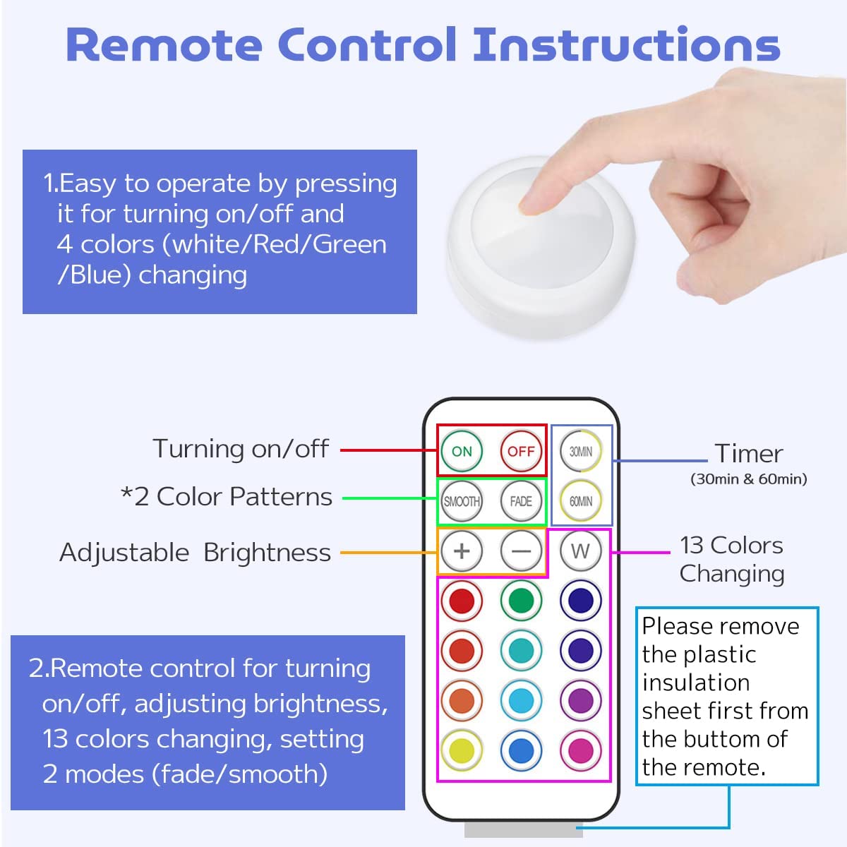 LED Puck Lights, Battery Operated Under Cabinet Light, RGB Color Changing Night Lights with Timer, Dimmable Push Light for Bathroom Kitchen Bedroom, 6 Pack