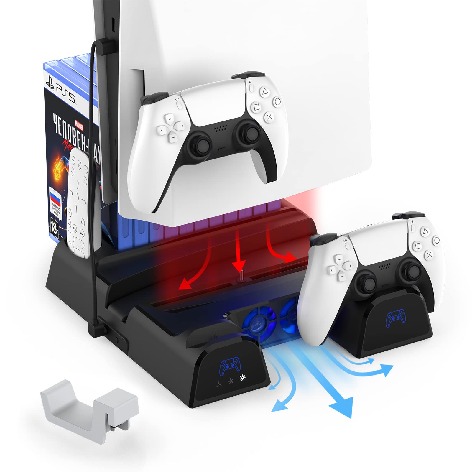 PS5 Cooling Stand with 2 Controller Charger Station and Extra Headset Holder for PS5 Disc & Digital Editions, Dual Controllers Charger, 3-Speed Adjustable Silent Fans, 11 Games Rack Organizer, Black