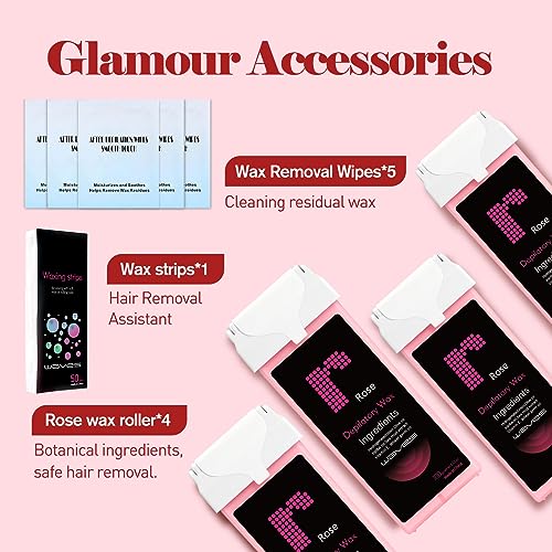Wax Roller,Waxfans Roll on Wax, Natural Ingredients for Sensitive Skin,Wax Roller Refill 4 Pack,Roll on Wax for Hair Removal at Home (Rose)