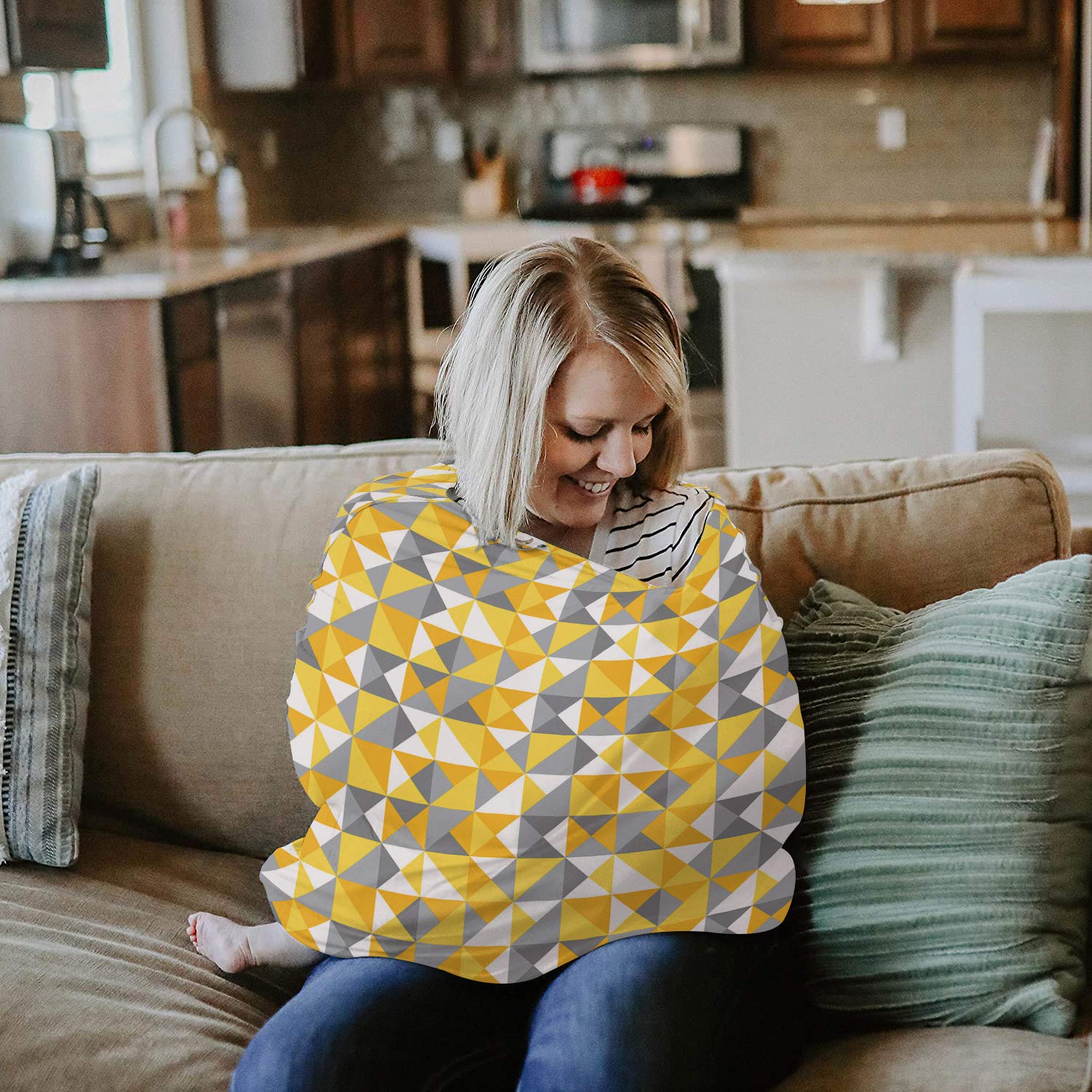 Modern Geometric Nursing Cover for Breastfeeding, Soft Multi Use for Baby Car Seat Covers Canopy Shopping Cart Cover Scarf Stroller Cover, Triangle Pattern Mosaic Design Yellow Grey