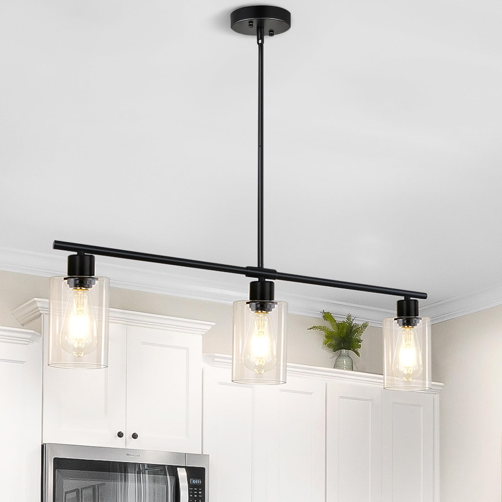 KMaiPem Kitchen Island Lighting, 3 Lights Black Linear Chandelier with Glass Shade, Industrial Kitchen Pendant Lighting over Island, Modern Chandelier for Dining Living Room Bar Pool Table Light