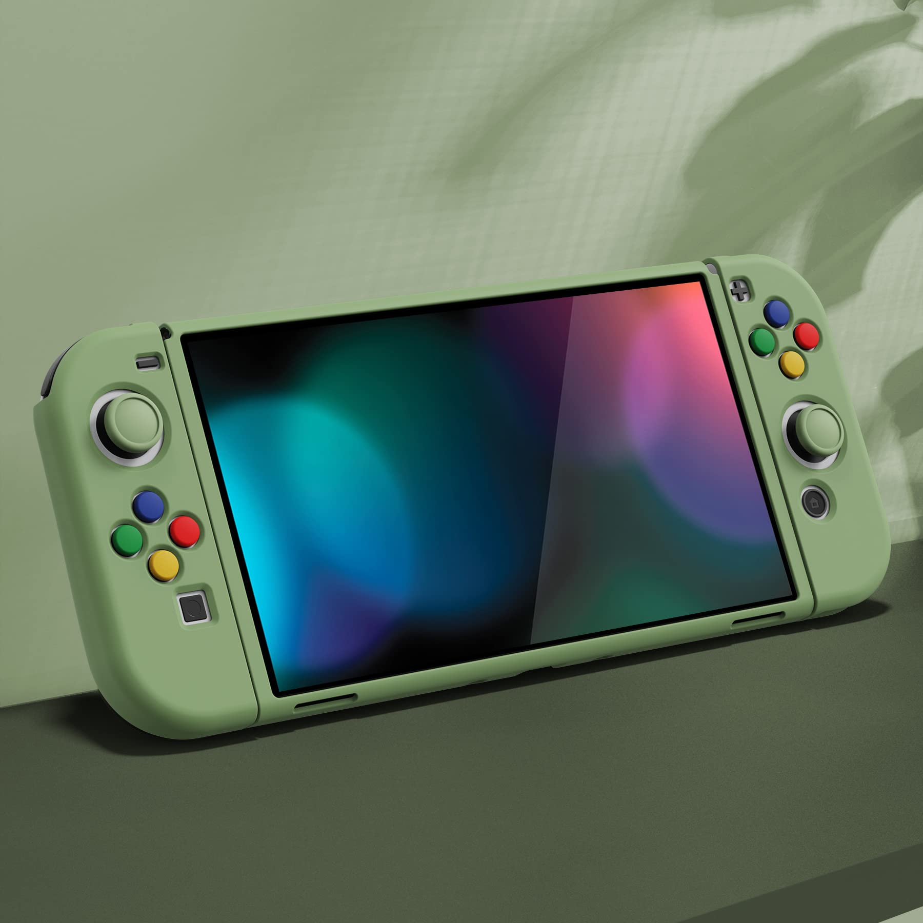 PlayVital ZealProtect Soft Protective Case for Nintendo Switch OLED, Flexible Protector Joycon Grip Cover for Nintendo Switch OLED with Thumb Grip Caps & ABXY Direction Button Caps - Matcha Green
