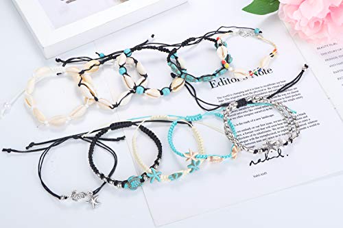 LOYALLOOK 10PCS Shell Turtle Ankle Bracelets Handmade Boho Anklet Jewelry Adjustable Natural Cowrie Shell Beach Bead Anklet for Women