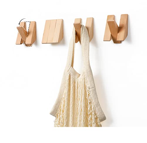 WOODOPOLY Wood Wall Hooks, 4 Pack Coat Hooks Wall Mounted Hooks Hat Hooks for Wall Mounted Sticks Multi Rack Solid Handmade Natural Wood Artwork with 4 Flip-Down Unique Modern Hangers 4 Pack