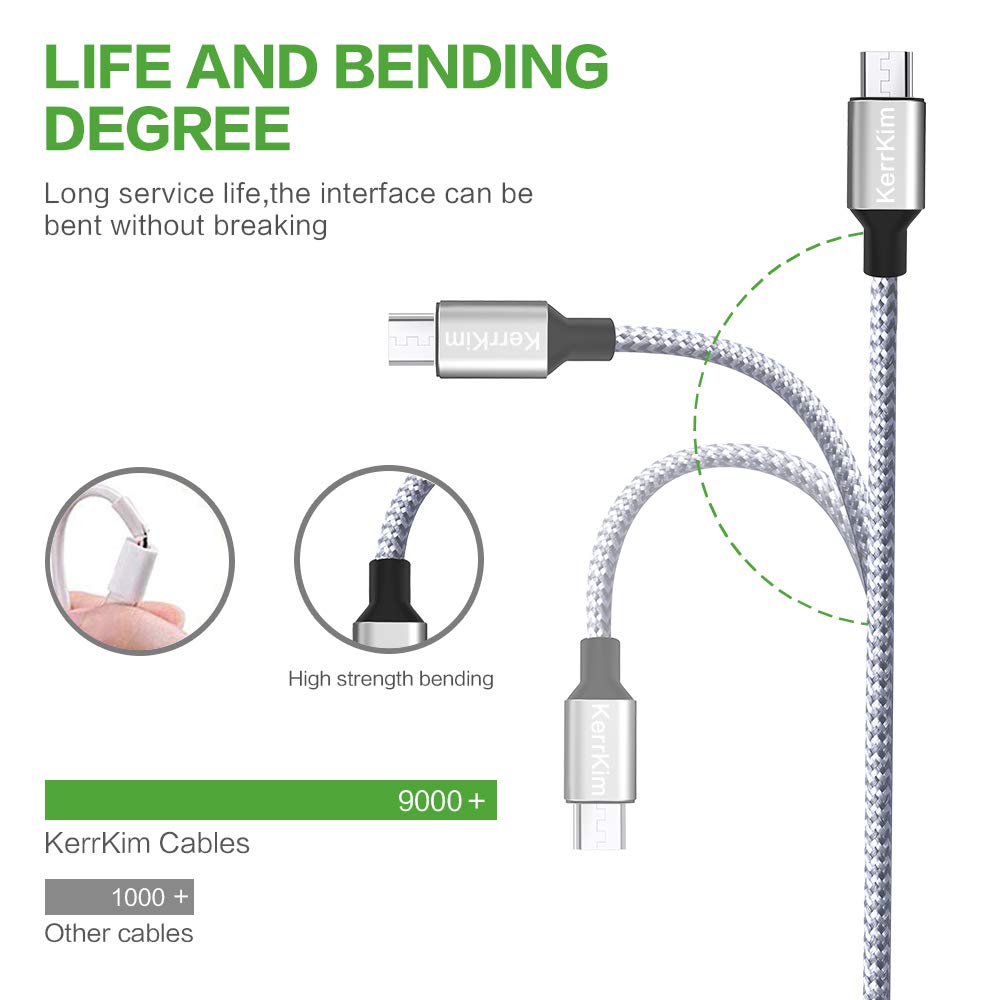 KerrKim Micro USB Cable, 2 Pack 6 FeeT Extra Long Nylon Braided Data Sync Transfer Cord Durable Android Charger Compatible with Samsung Galaxy S7 Edge S6 S5 Note 5 4 LG G4 Stylo 3 PS4 Camera Xbox