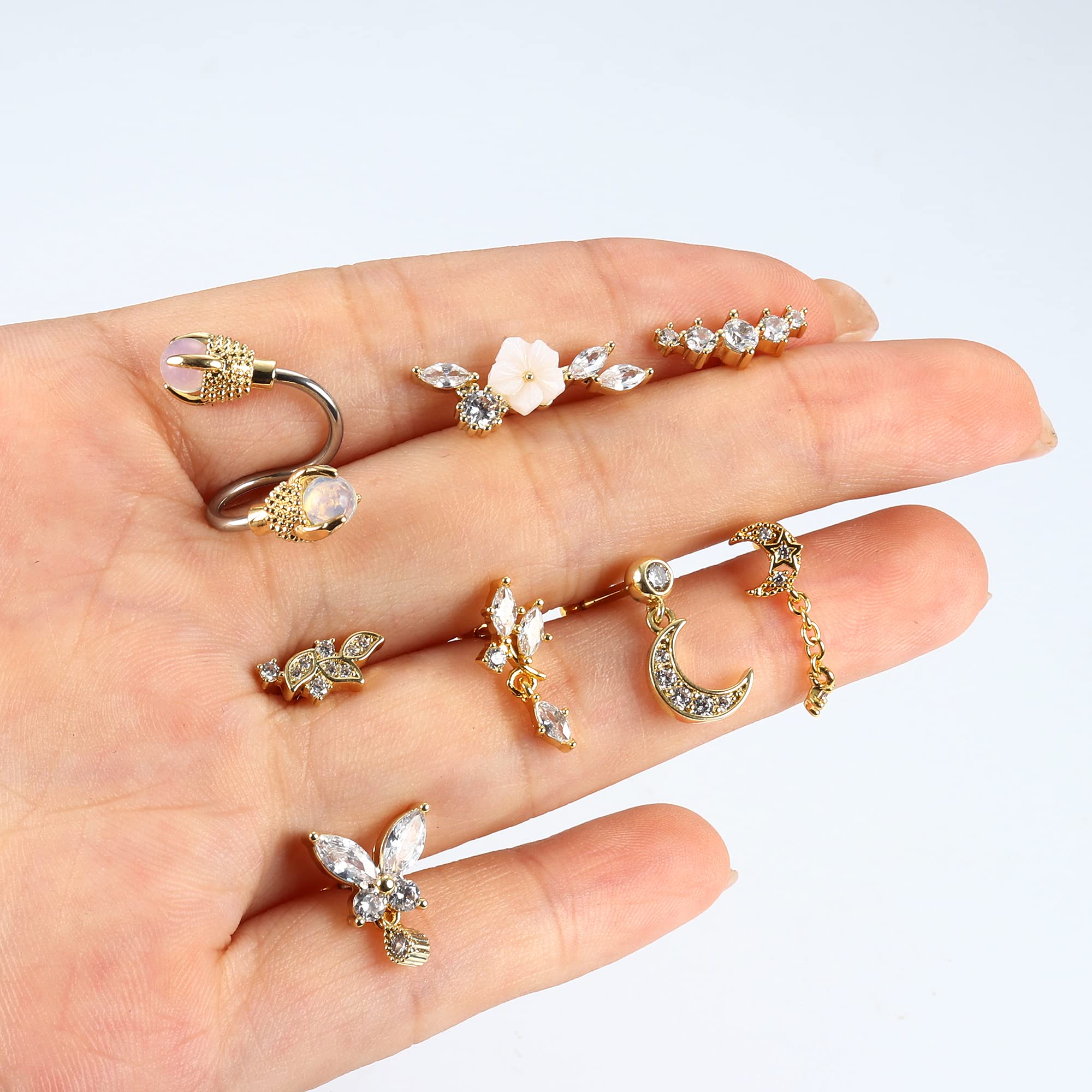 ORAZIO 8PCS Stainless Steel Cartilage Earring Stud Conch Forward Helix Tragus Daith Piercing Jewelry For Women Men Gold Tone