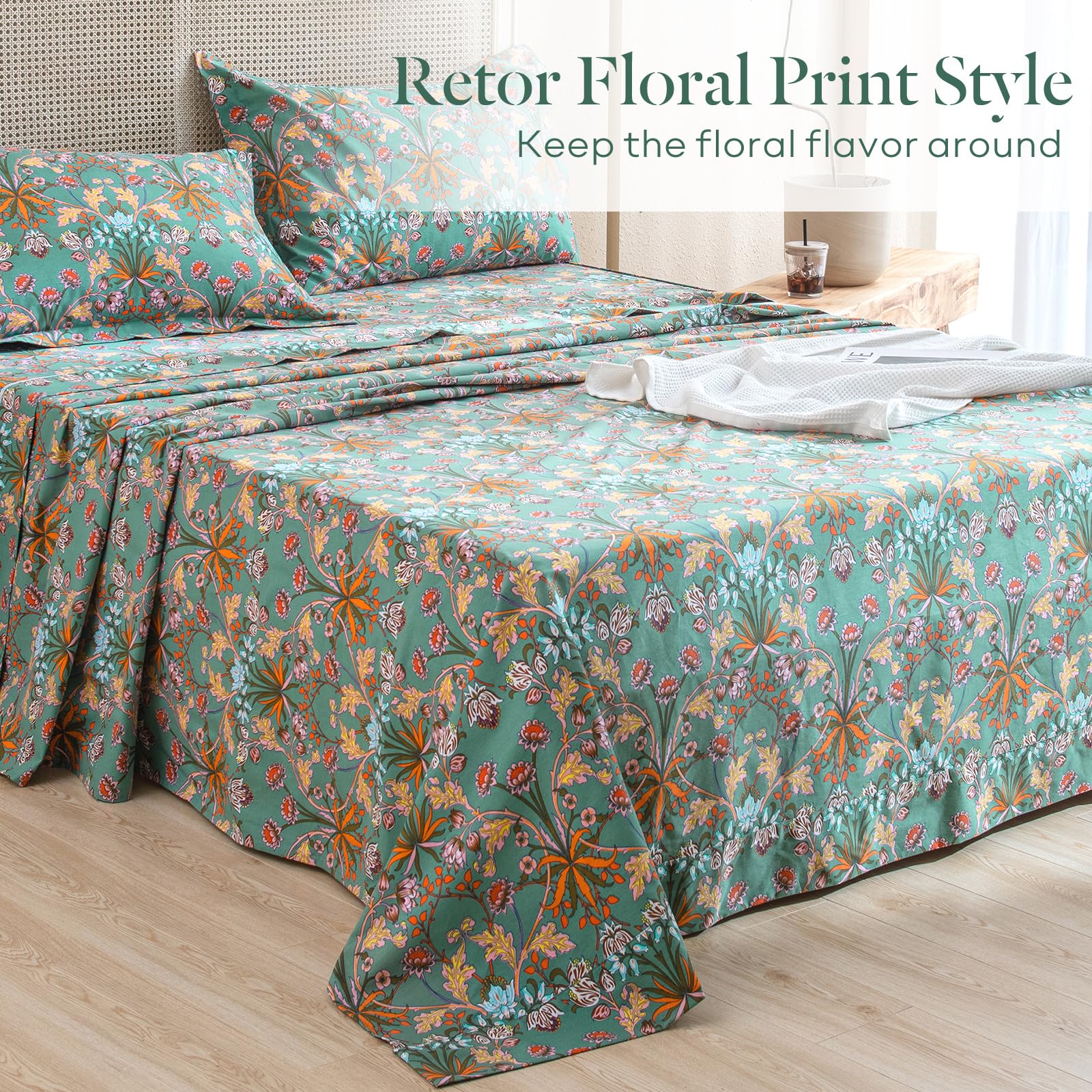 Lady Ann 100% Cotton Floral Sheets Full Size, Vibrant Paisley Flowers Printed on Green Pattern Sheets Full Size Bed Dorm Bedding Breathable Deep Pocket Preppy Bed Sheets 4PCS Set