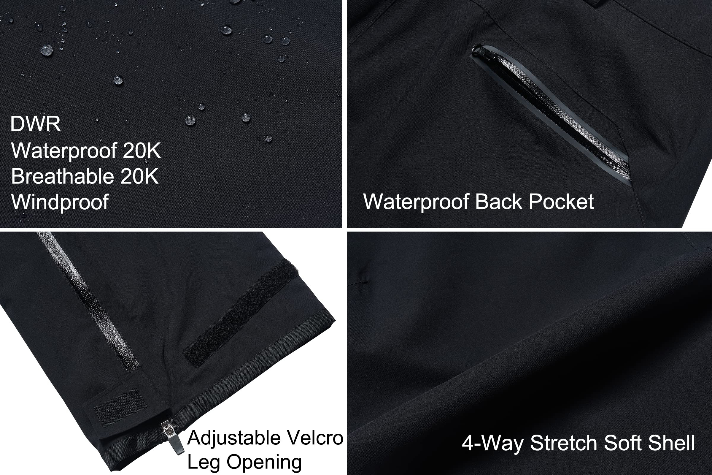 Men's Golf Pants Waterproof Comfort-Fit Rain Pants Lightweight Breathable Hiking Pants with Pockets (Black, L)