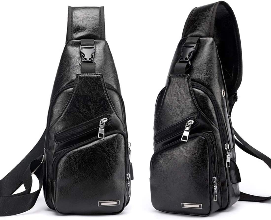 Men's Leather Sling Bag Multipurpose Daypack Shoulder Chest Crossbody Bag Black with USB Charging Port (Black)