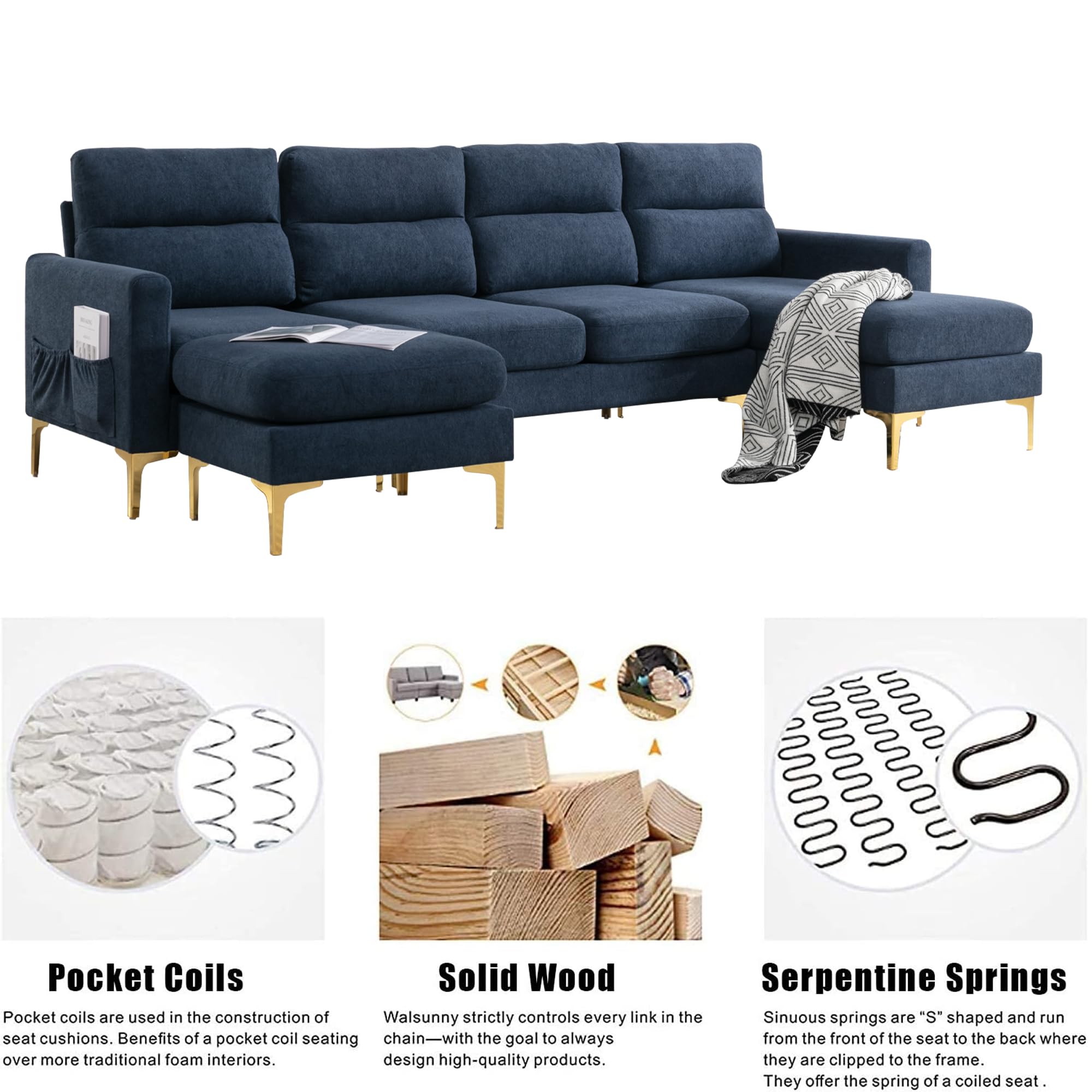 URRED Sectional Sofa Couch, 4 Seat U-Shaped Sofa Set for Living Room,Velvet Fabric Convertible Modular Sofa Sleeper with Double Chaise/Oversized Seats/Comfortable Backrest, Blue