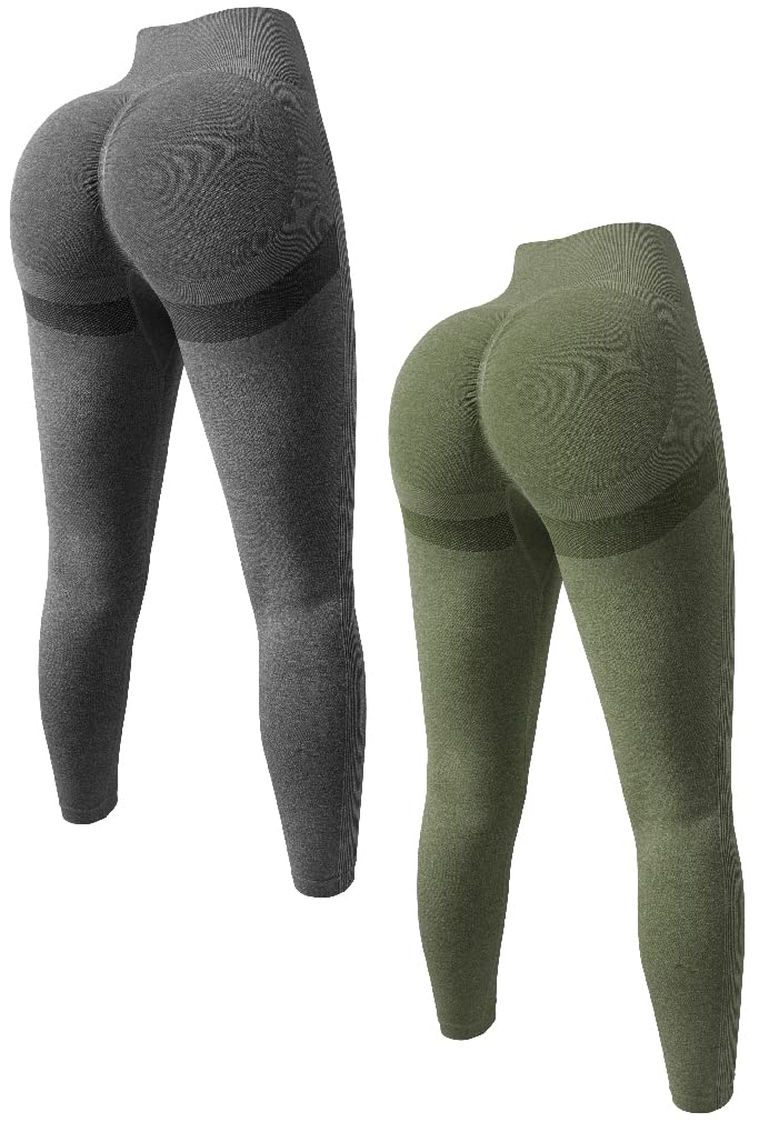 OQQ Women's 2 Piece Butt Lifting Yoga Legging Workout High Waist Tummy Control Ruched Booty Pant, Grey Avocadogreen, Small