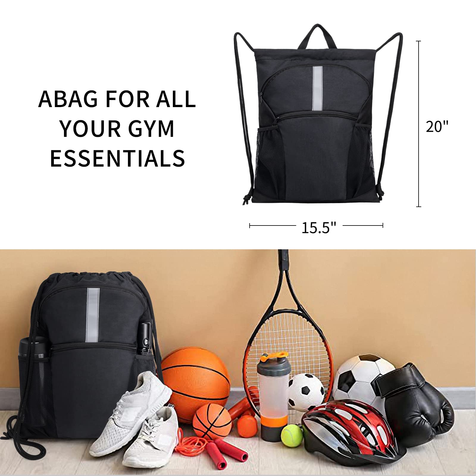 KABAQOO Drawstring Backpack Sports Gym Bag With Shoe Compartment & Mesh Pockets Water Resistant String Bag for Women Men