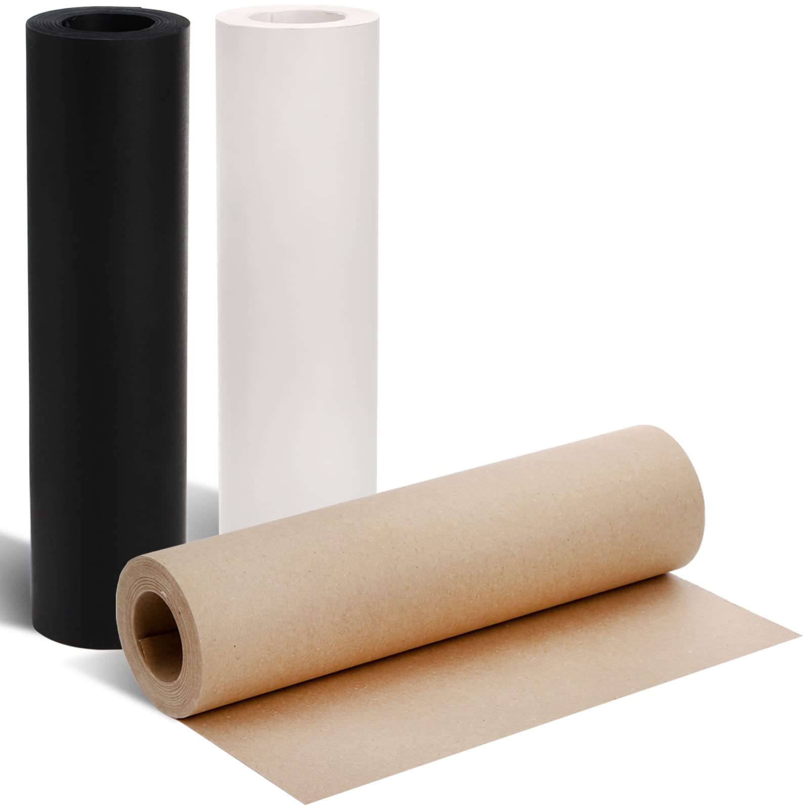 Jucoan 3 Pack12 Inch x 100 Ft Brown Kraft Paper Roll, Black Wrapping Paper, White Craft Paper for Packing, Gift Wrapping, Shipping, Arts Easel, Flooring Covering, Biodegradable Recycled