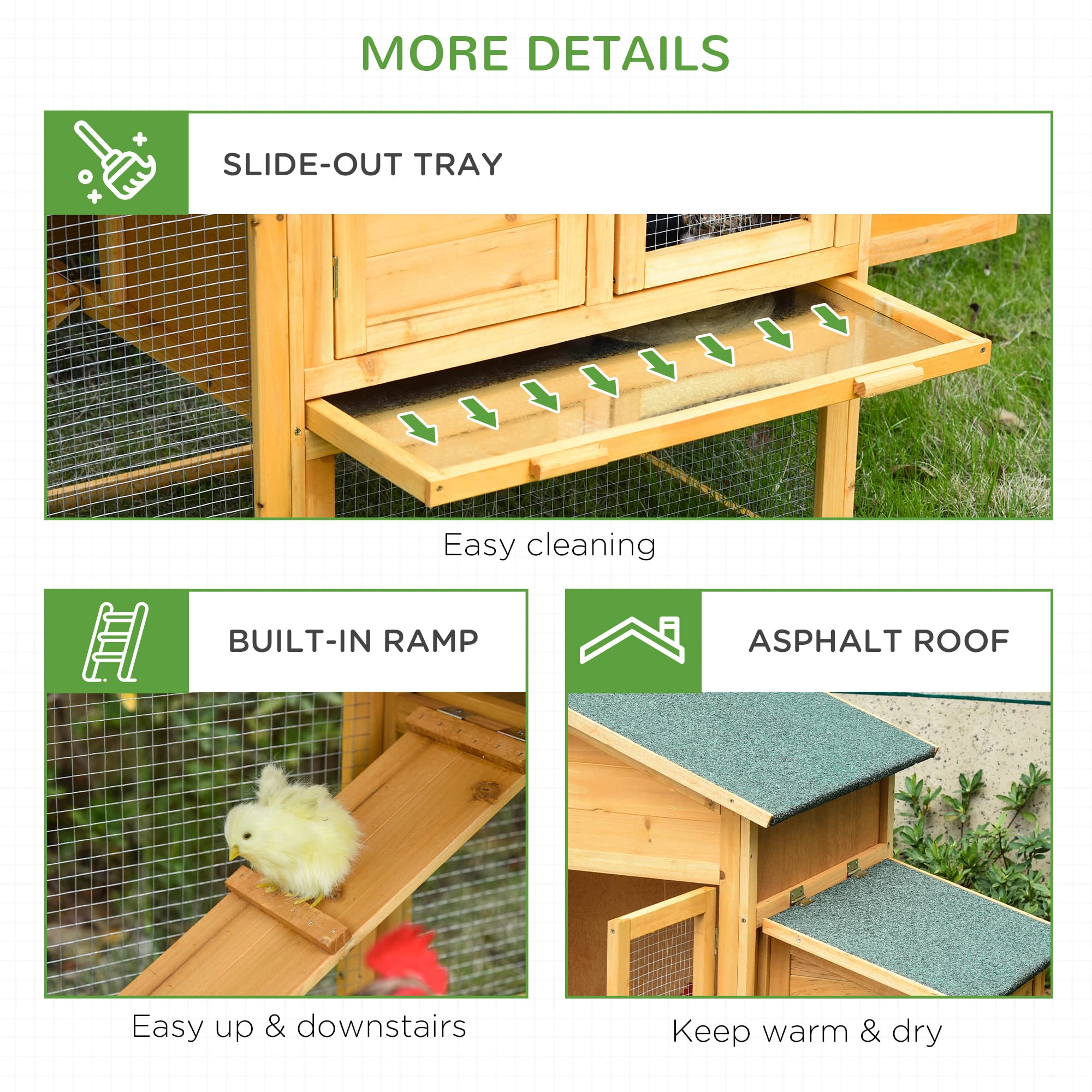 PawHut 66" Wooden Chicken Coop, Outdoor Hen House, Poultry Habitat with Removable Tray, Nesting Box, Ramp