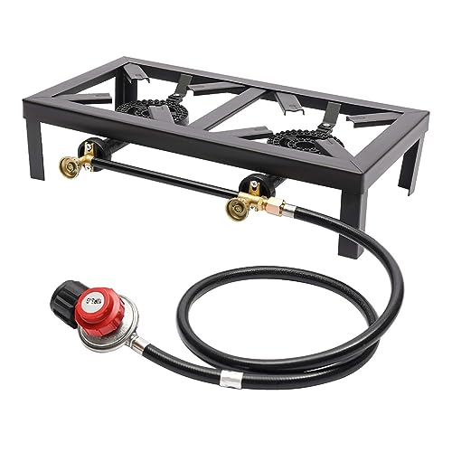 WenDissy Portable Double Burner Outdoor Gas Stove Propane Cooker with Adjustable 0-20 PSI Regulator Hose for Outdoor Cooking Picnics Camping BBQ Hiking