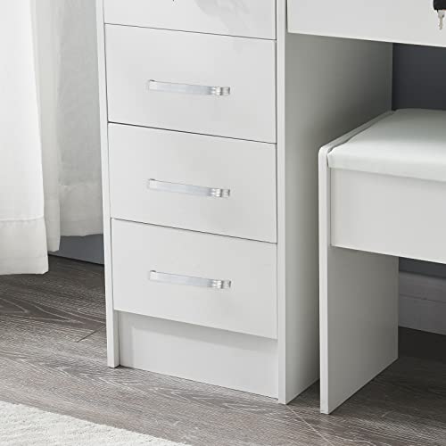 Kkonetoy Makeup Vanity with Ligths and Charging Station, Vanity Desk with LED Lighted Mirror, Vanity Dressing Table Set with 5 Drawers & Cushioned Stool, White Modern Dresser for Bedroom