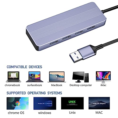 USB 3.0 Hub 4-Port, Ultra-Slim Data USB Hub Splitter USB Expander for MacBook, Mac Pro, Mac Mini, iMac, Surface Pro, XPS, PC, Laotop to Extend Flash Drive, HDD, Console, Printer, Camera,Keyborad etc